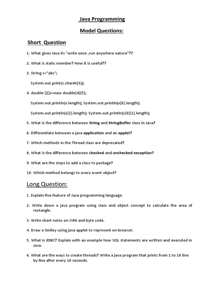 Model Questions: Short Question: Java Programming | PDF