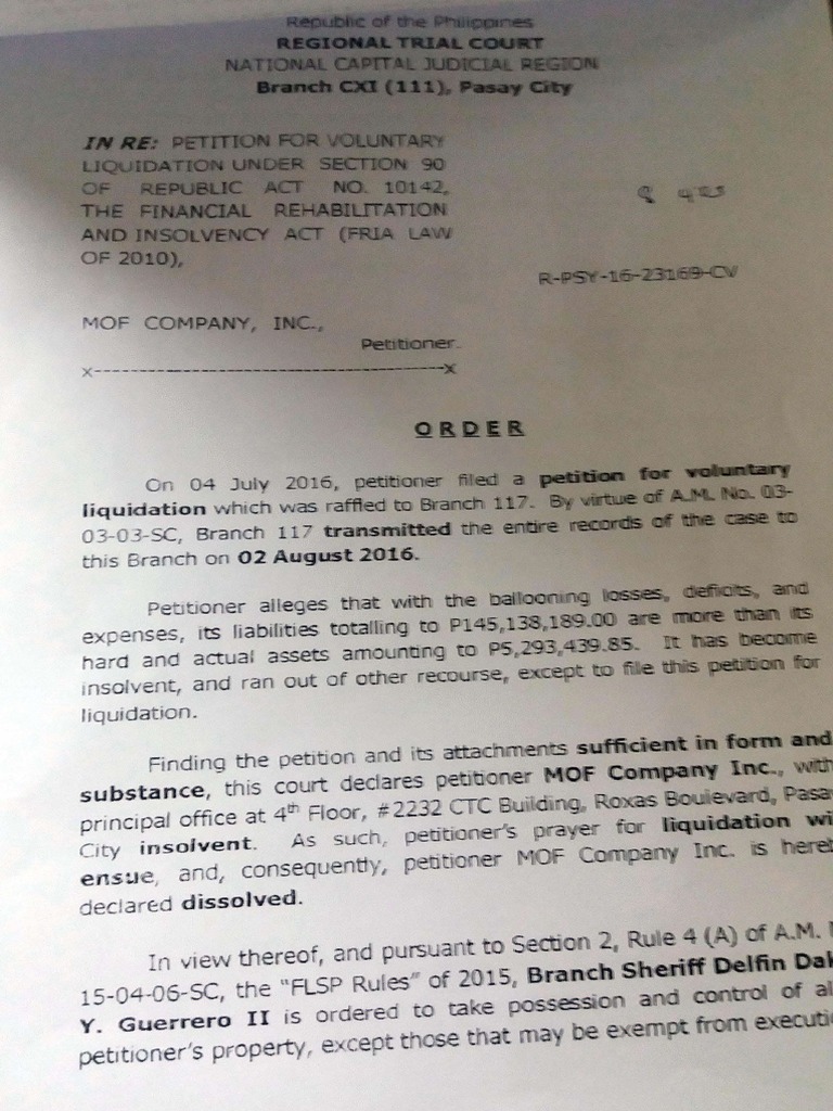Pasay Court Liquidation Order - MOF Co | PDF Pasay Court Liquidation Order - MOF Co | PDF