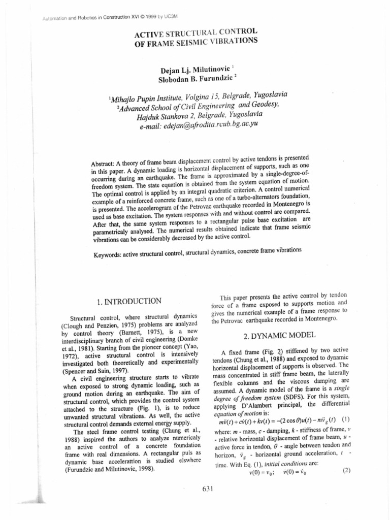 Ative Structural Control For Frame Seismic Vibrations PDF | PDF