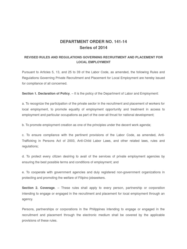 Department Order No. 141-14 | PDF | Employment | Sole Proprietorship