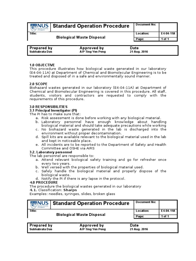 SOP For Biological Waste Disposal | PDF | Laboratories | Waste