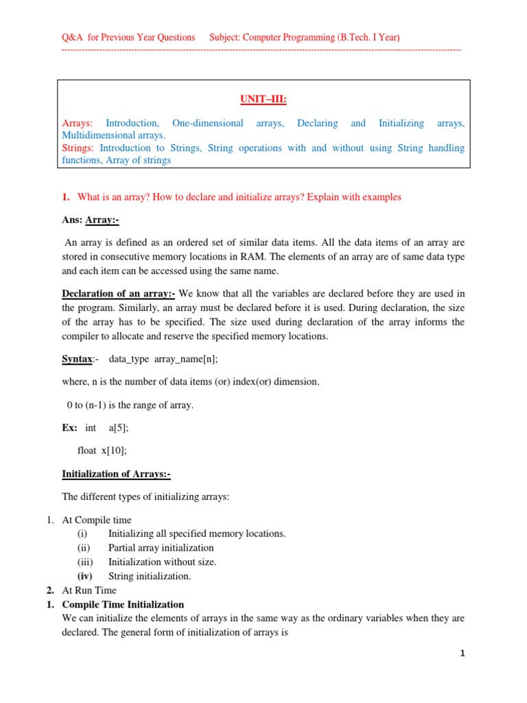 Unit Iii Arrays Strings Pdf String Computer Science Array Data Structure