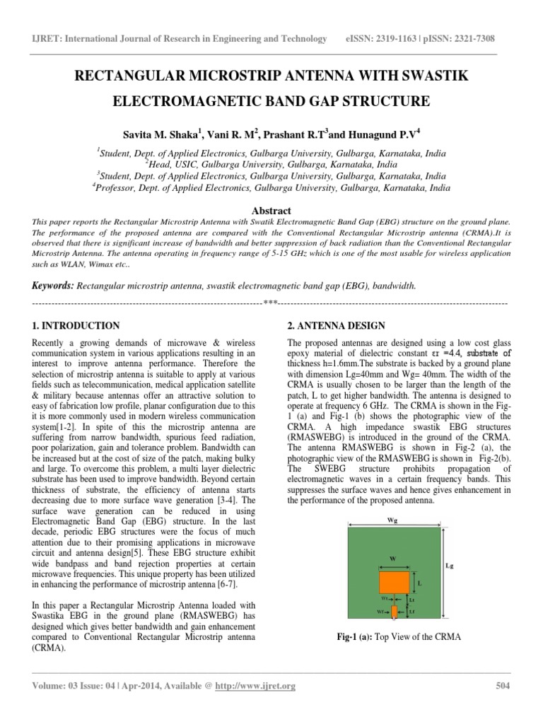 Rectangular Microstrip Antenna With Swastik Electromagnetic Band Gap Structure | PDF | Antenna ...