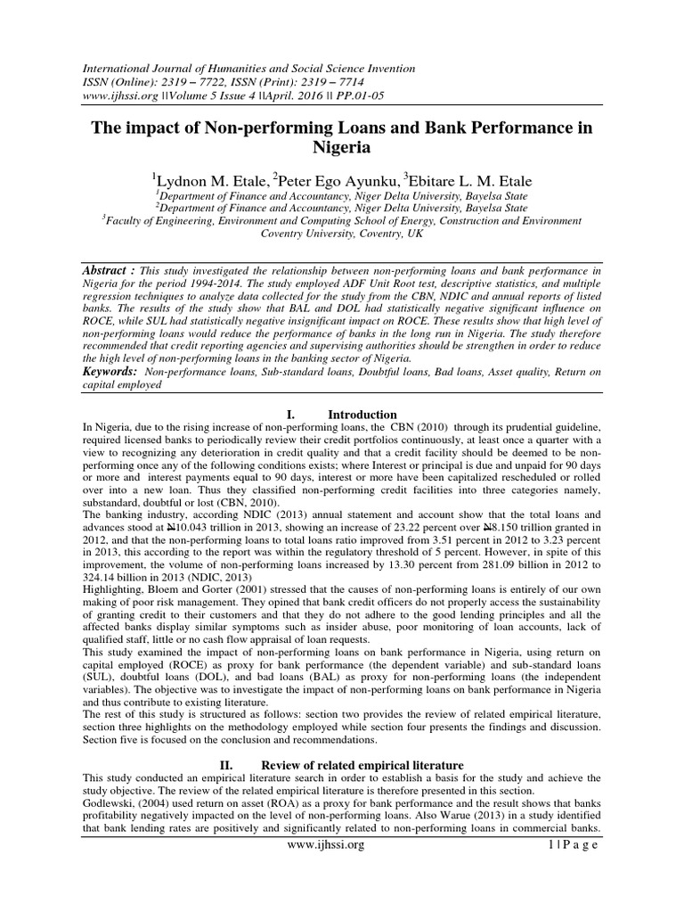 The Impact of Non-Performing Loans and Bank Performance in Nigeria | PDF