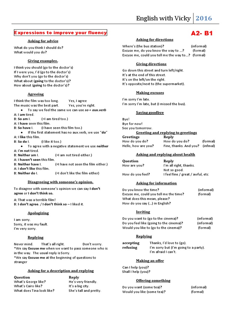 Expressions To Improve Your Fluency A2-B1 | PDF | Language Arts ...