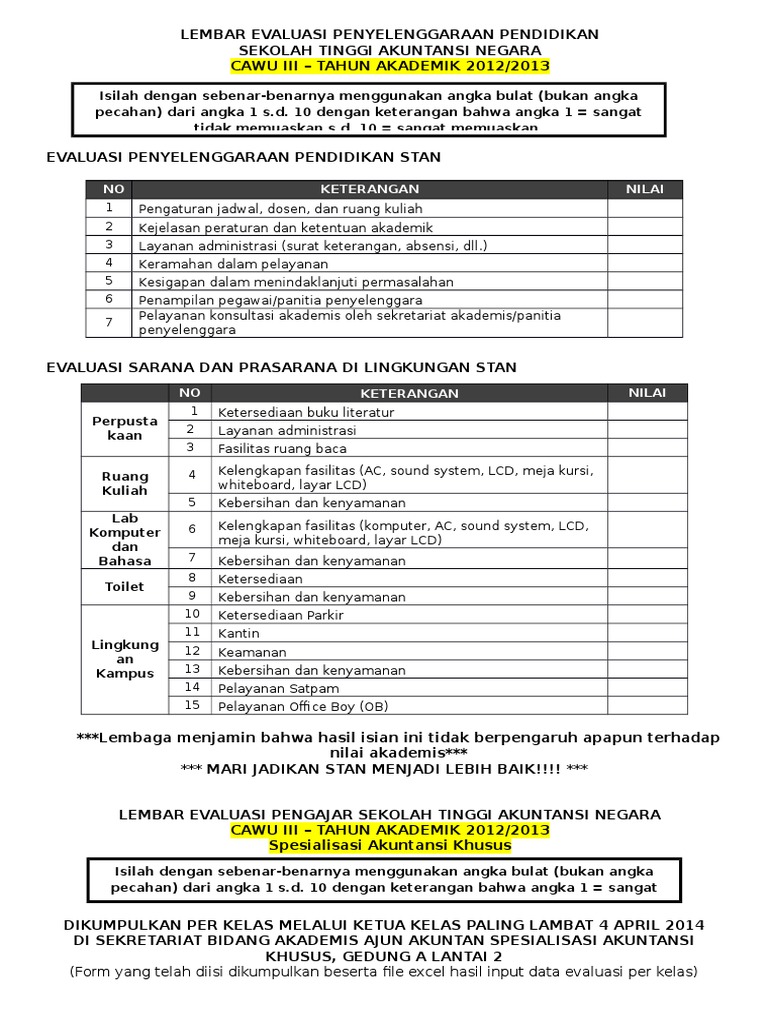 CONTOH Form Evaluasi Pengajar-Layanan (Warna Kuning Mohon Diadjust) | PDF