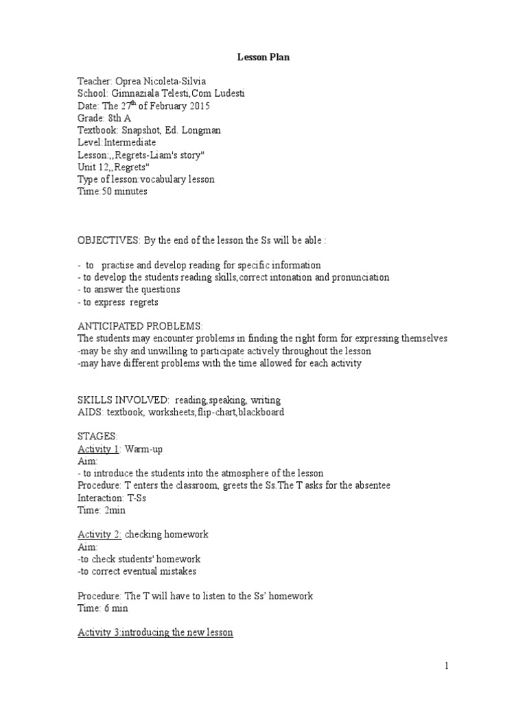 8th Grade Vocabulary: Regrets Lesson | PDF | Reading Comprehension ...