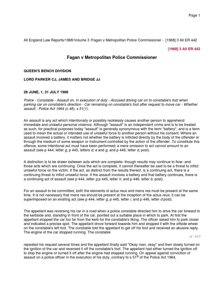 Fagan V Metropolitan Police Commissioner | PDF | Assault | Battery (Crime)