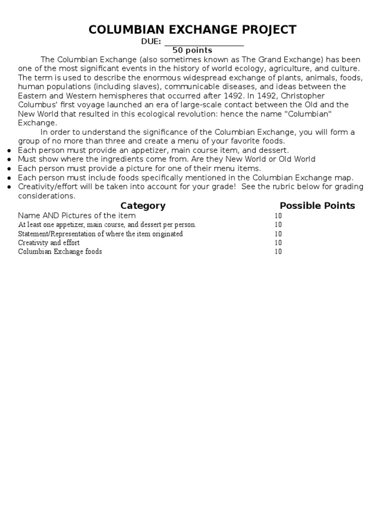 Columbian Exchange Project Guidelines | PDF