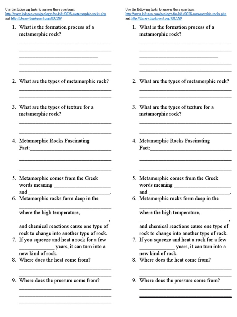 Metamorphic Rocks Q&A Worksheet | PDF | Science & Mathematics