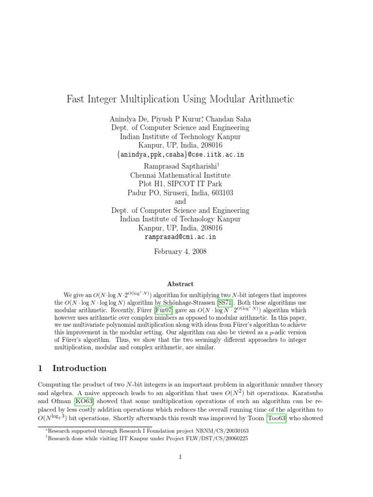 Fast Integer Multiplication Using Modular Arithmetic | PDF | Polynomial | Prime Number