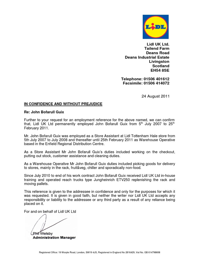 Lidl Enfield RDC Reference Letter PDF | PDF