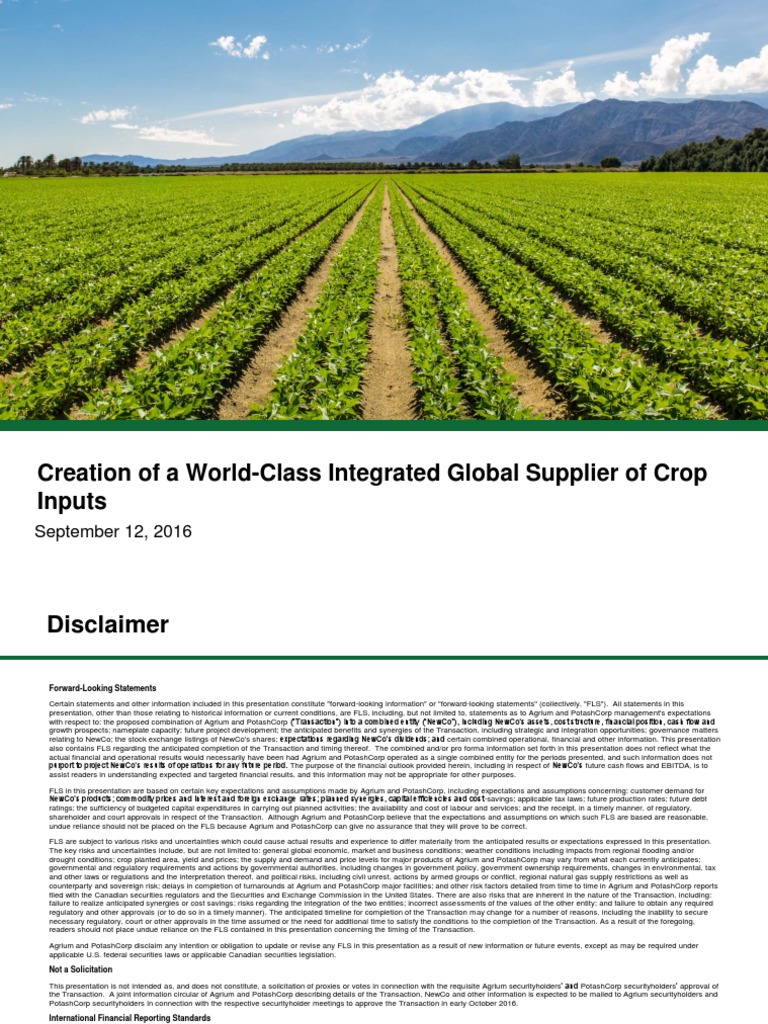 AGU POT Agrium Potash Merger Presentation Sept 2016 | PDF ...
