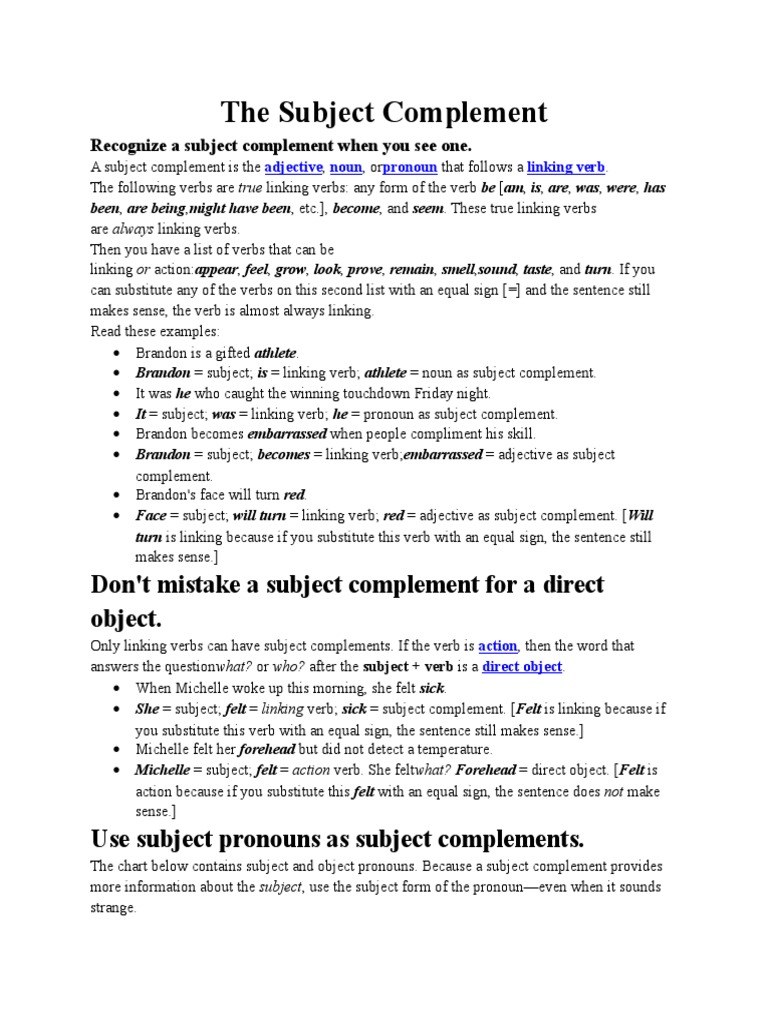 The Subject Complement | PDF | Verb | Subject (Grammar)