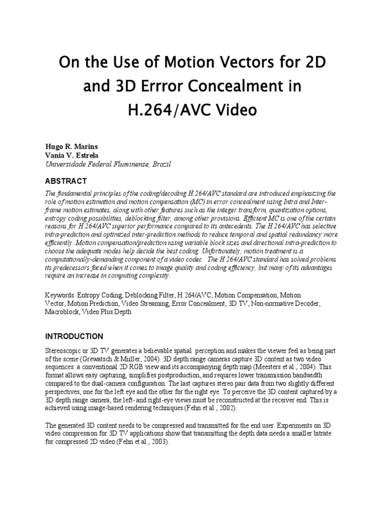 On The Use of Motion Vectors For 2D and 3D Errror Concealment in H.264 AVC Video | PDF | Data ...