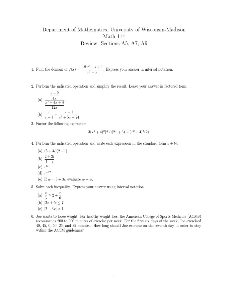 Department of Mathematics, University of Wisconsin-Madison Math 114 ...