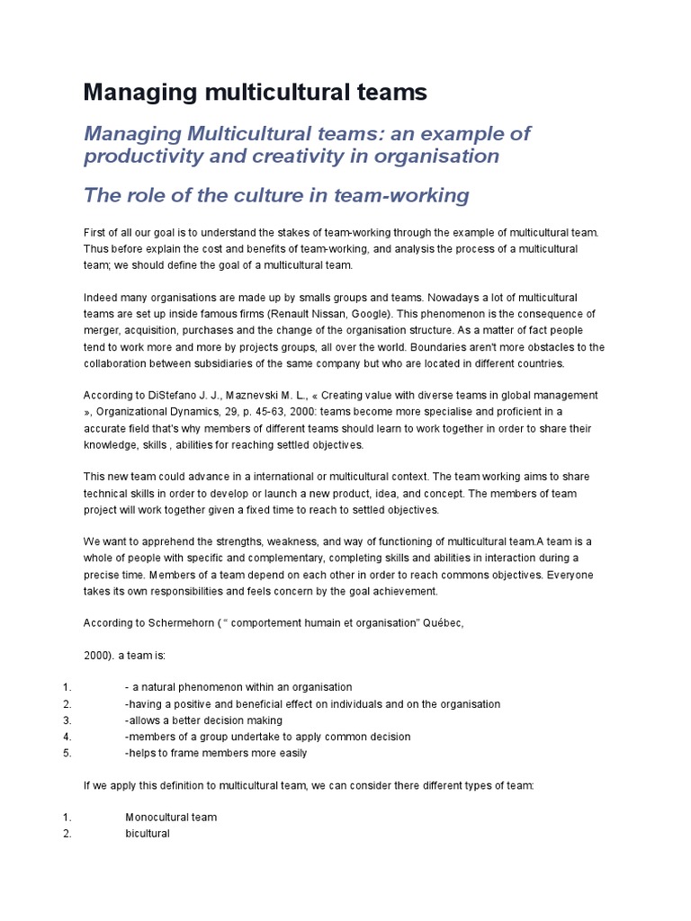 Managing Multicultural Teams | PDF | Mergers And Acquisitions | Multiculturalism