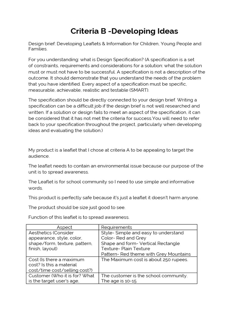 Criteria B - Developing Ideas | PDF | Specification (Technical Standard ...