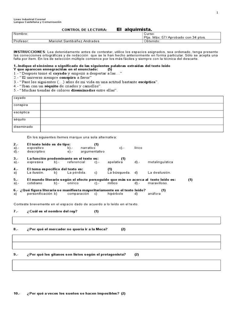 Prueba El AlquimistaB | PDF