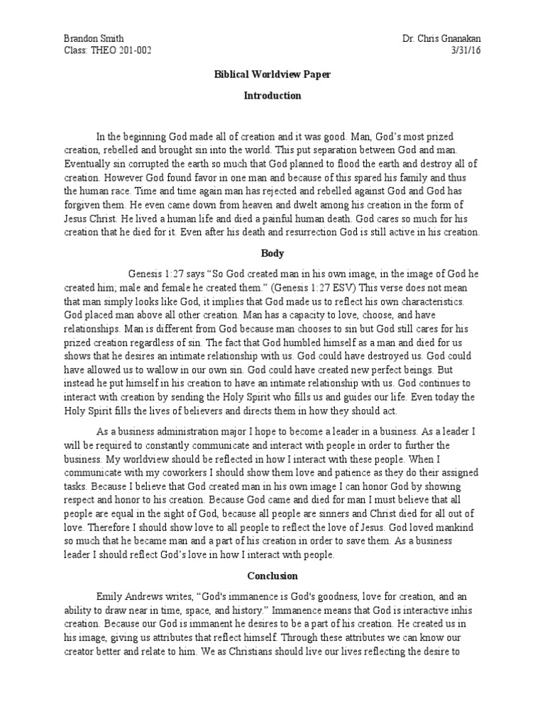 Biblical Worldview Paper | PDF | Genesis Creation Narrative | Image Of God