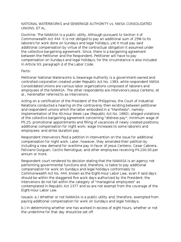 Nawasa vs. NWSA Consolidated Unions | PDF | Overtime | Working Time
