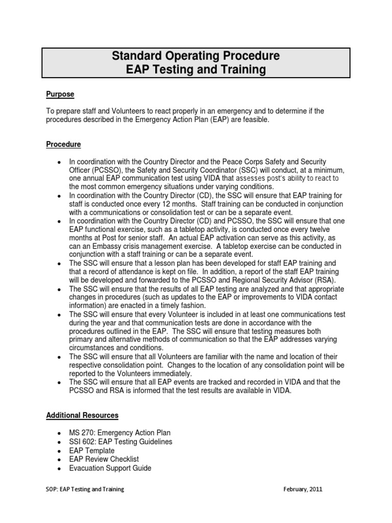EAP Testing and Training SOP | PDF | Peace Corps | Emergency
