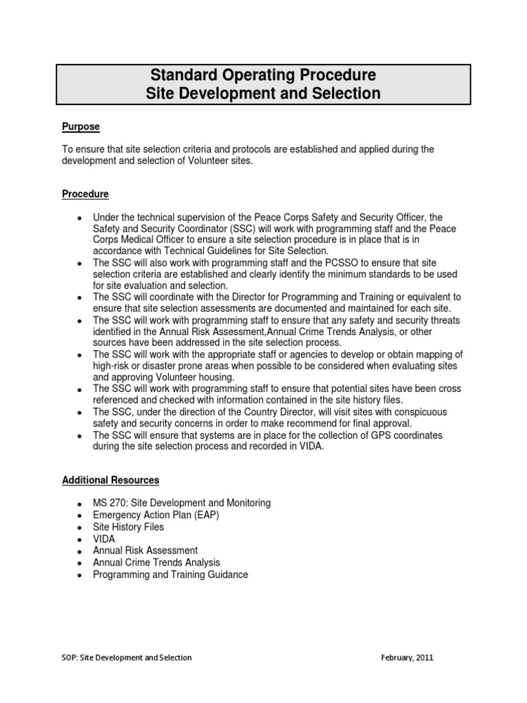 Peace Corps SOP Site Development and Selection | PDF
