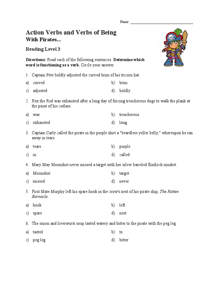 Action Verbs and Verbs of Being Worksheet Reading Level 03 | PDF ...