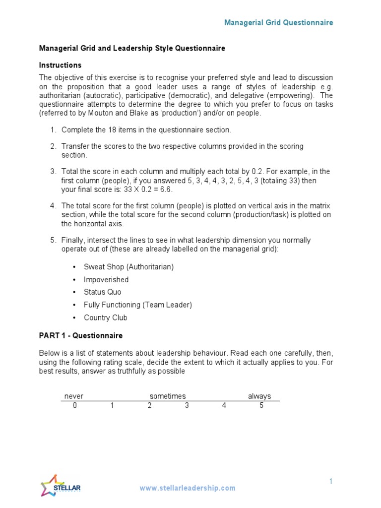 Managerial Grid Leadership Assessment | PDF | Leadership | Cognitive ...