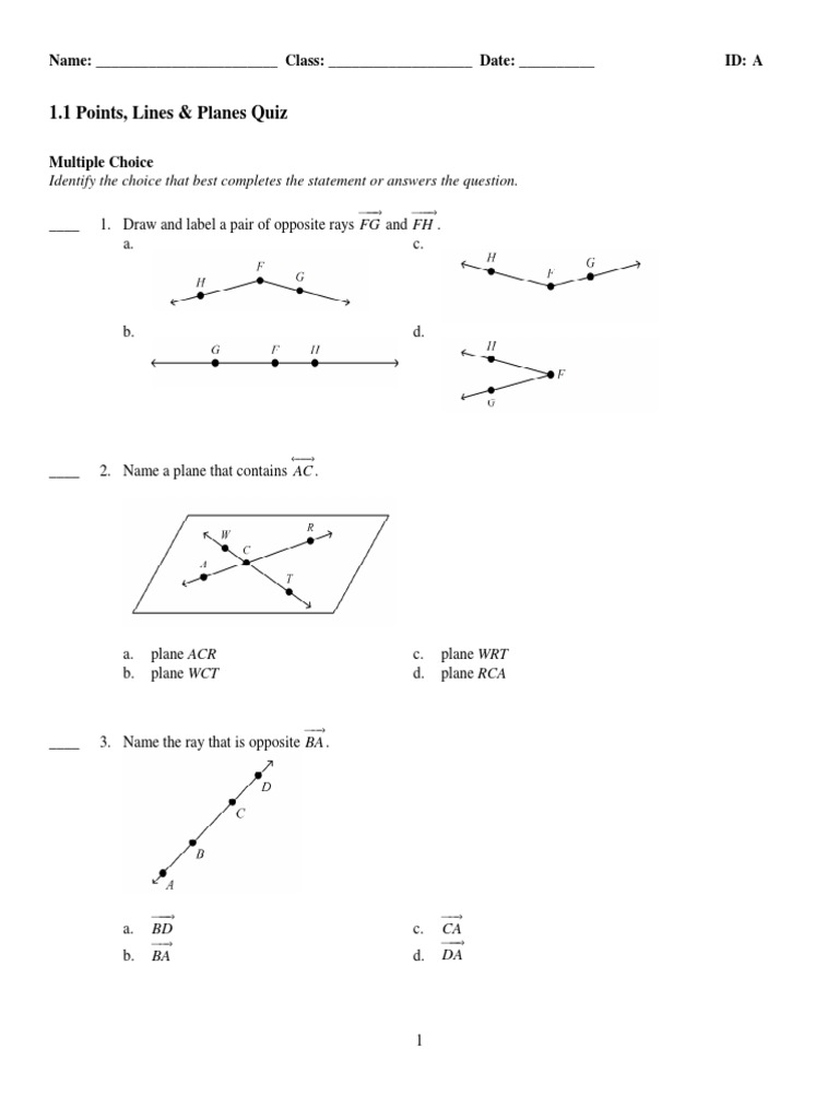 1.1 Points Lines and Planes Quiz QUEX | PDF