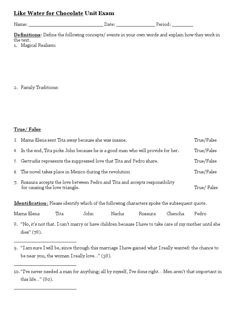 Like Water for Chocolate Unit Exam | PDF
