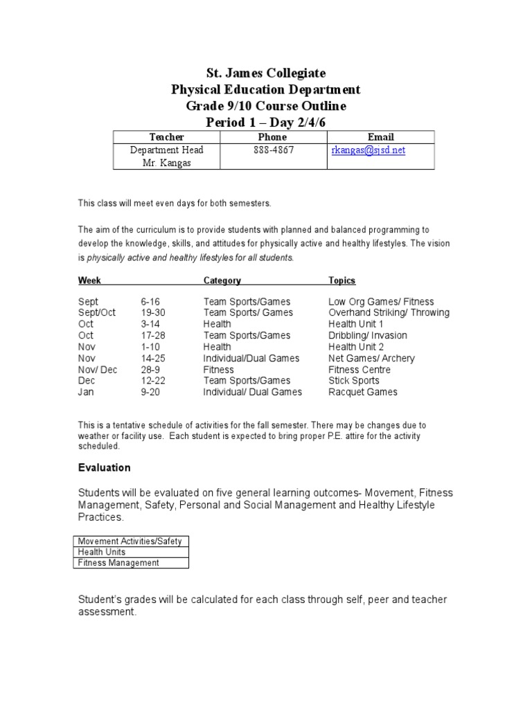 St. James Collegiate Physical Education Department Grade 9/10 Course ...