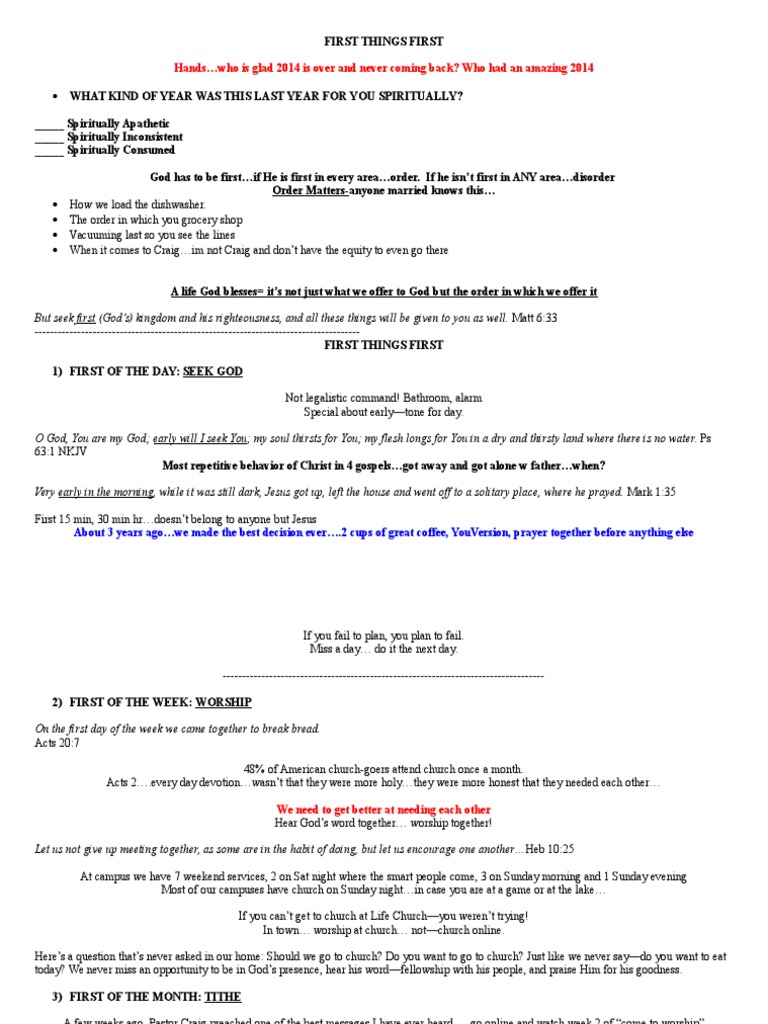 First Things First Week 1 Preaching Outline | PDF | Fasting | Jesus