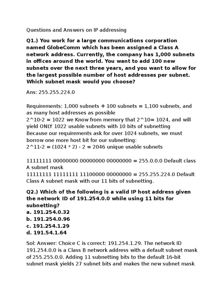 Questions and Answers On IP Addressing | PDF | Ip Address ...