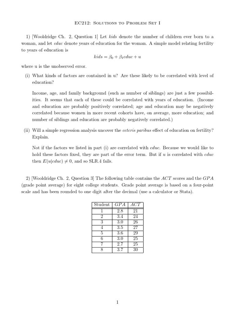 Solutions To Problem Set 1 Pdf Coefficient Of Determination