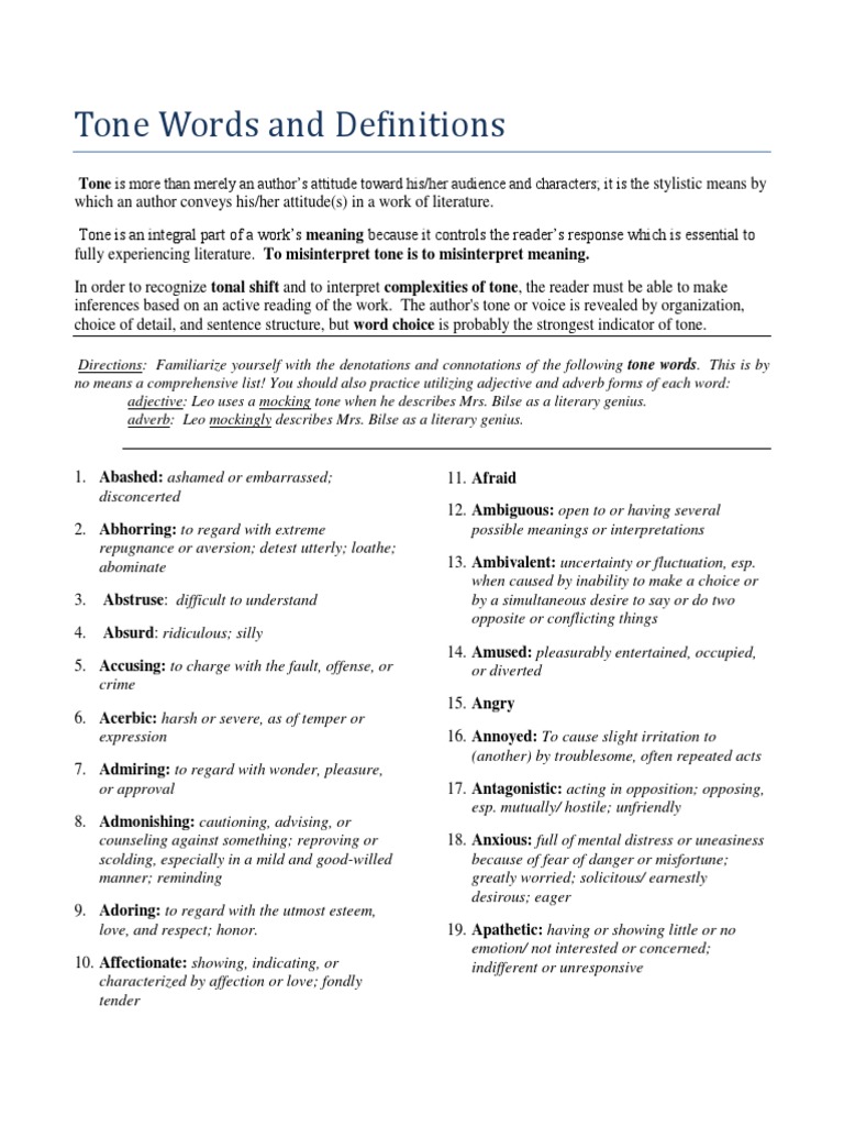 Comprehensive Tone Words Guide | PDF | Anger | Self Esteem