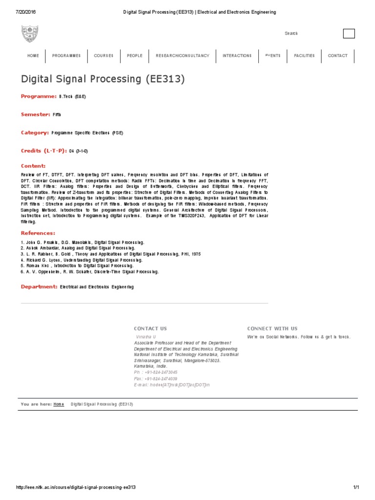 Digital Signal Processing (EE313) - Electrical and Electronics Engineering | PDF