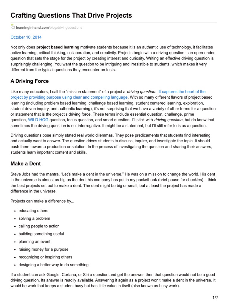 Crafting Questions That Drive Projects | PDF | Educational Assessment ...
