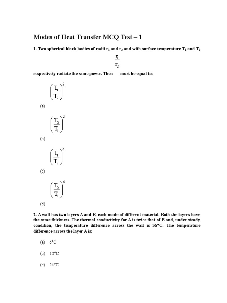 Heat Transfer MCQ Test Questions | PDF | Science & Mathematics