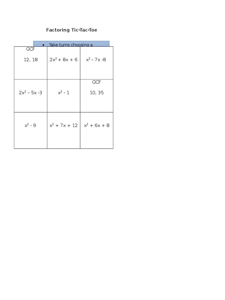 Factoring Tic Tac Toe 1 | PDF