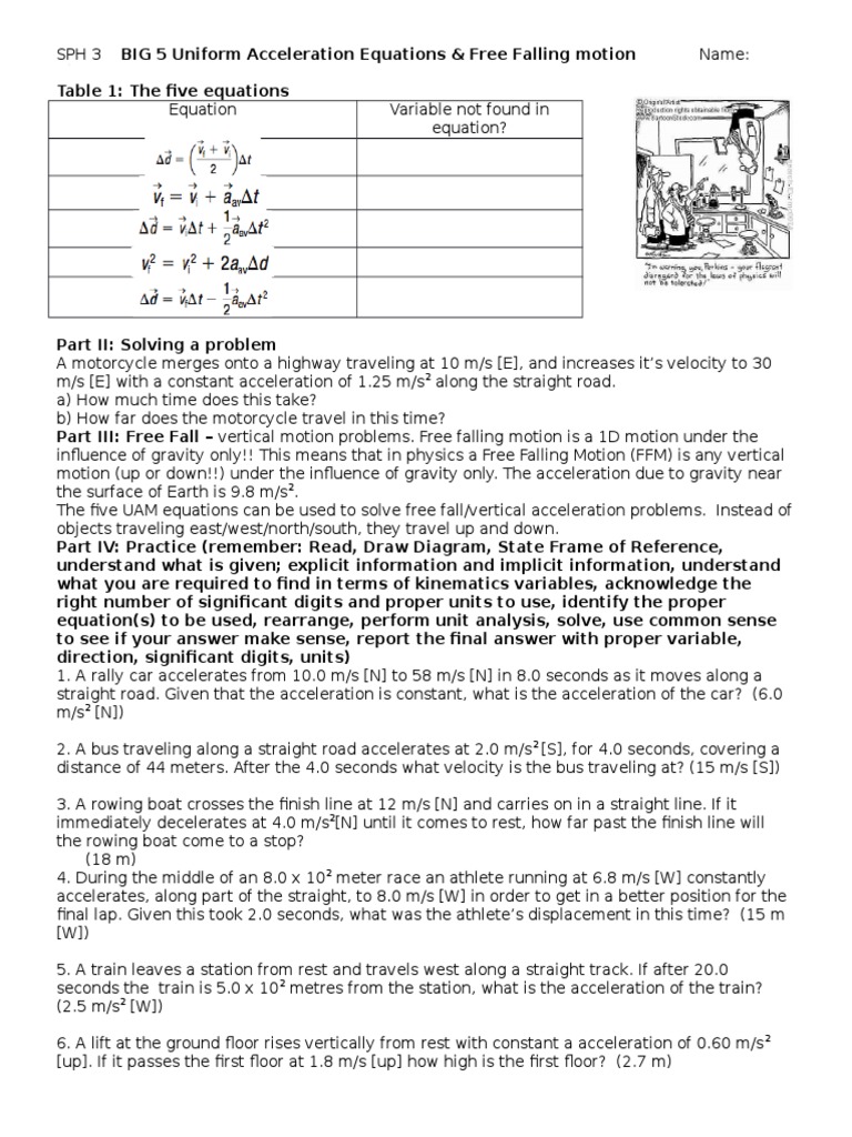 SPH 3 BIG 5 Uniform Acceleration Equations & Free Fall | PDF | Acceleration | Gravity