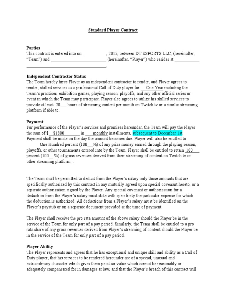 Standard Player Contract for Esports | PDF | Assignment (Law ...
