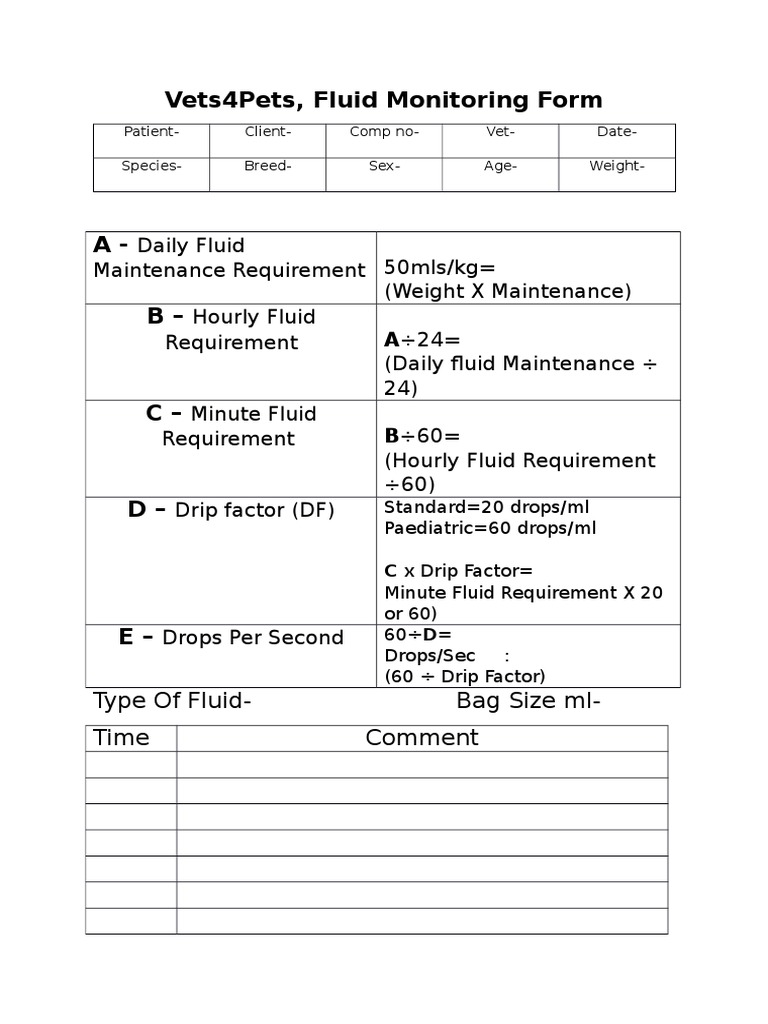 Vets4Pets, Fluid Monitoring Form | PDF