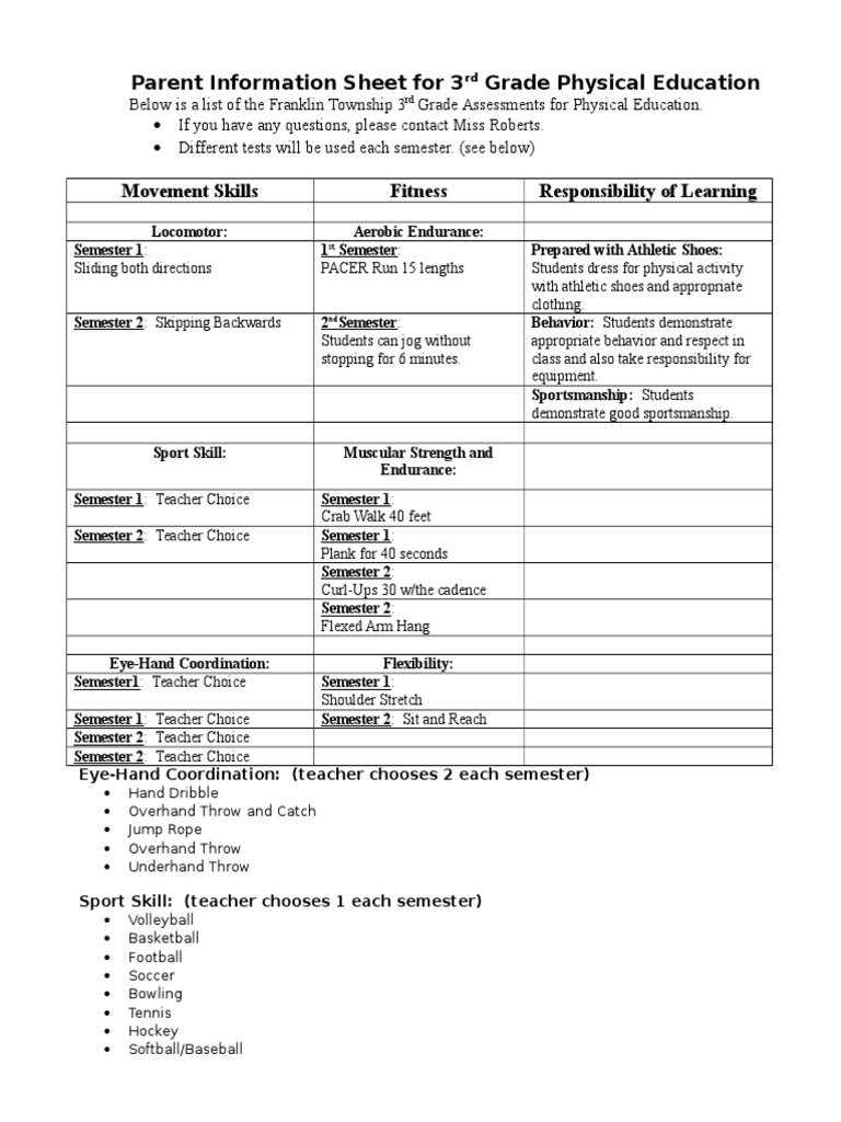 Parent Info Sheet For 3rd Grade 2016 | PDF