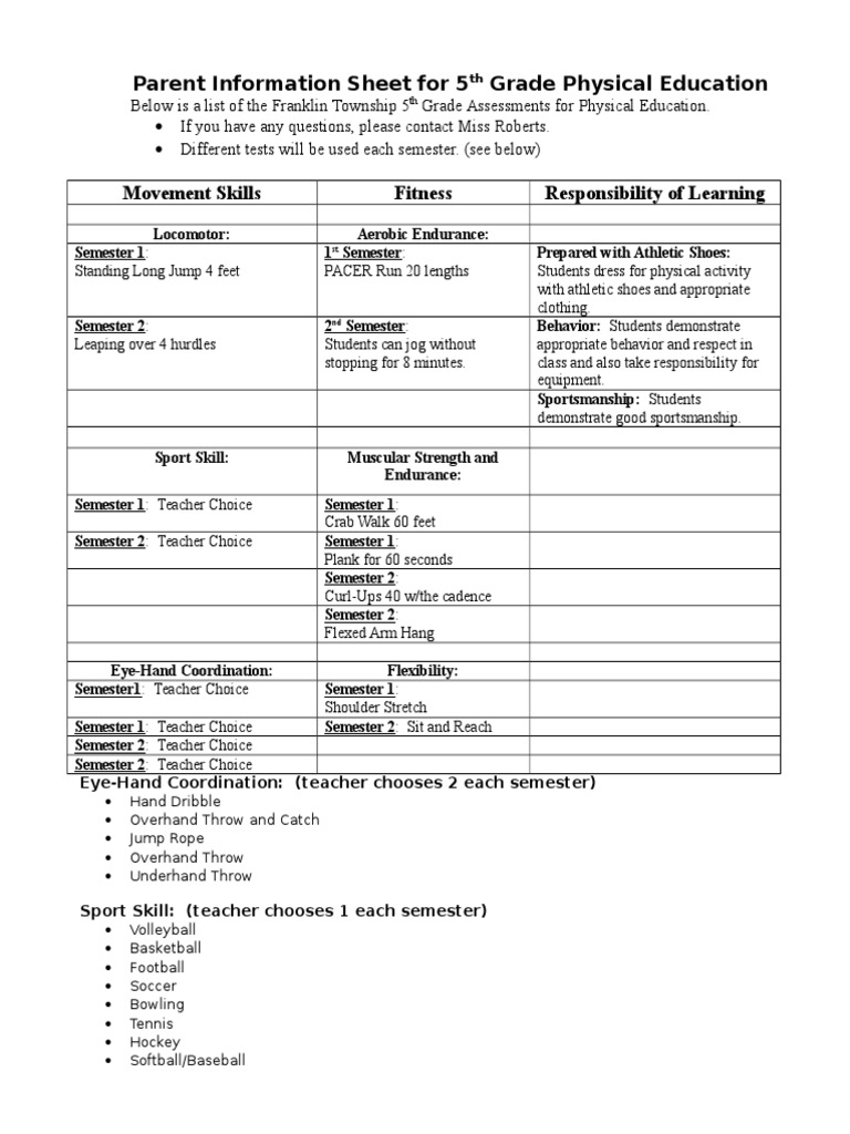 Parent Info Sheet For 5th Grade 2016 | PDF