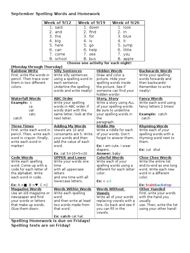 Spelling HW September 2016 | PDF | Language Arts & Discipline
