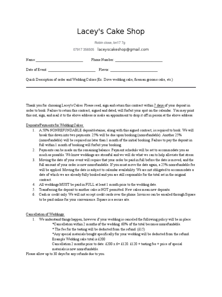 Laceys Cakes Cake Contract - Weddings | PDF | Fee | Floristry