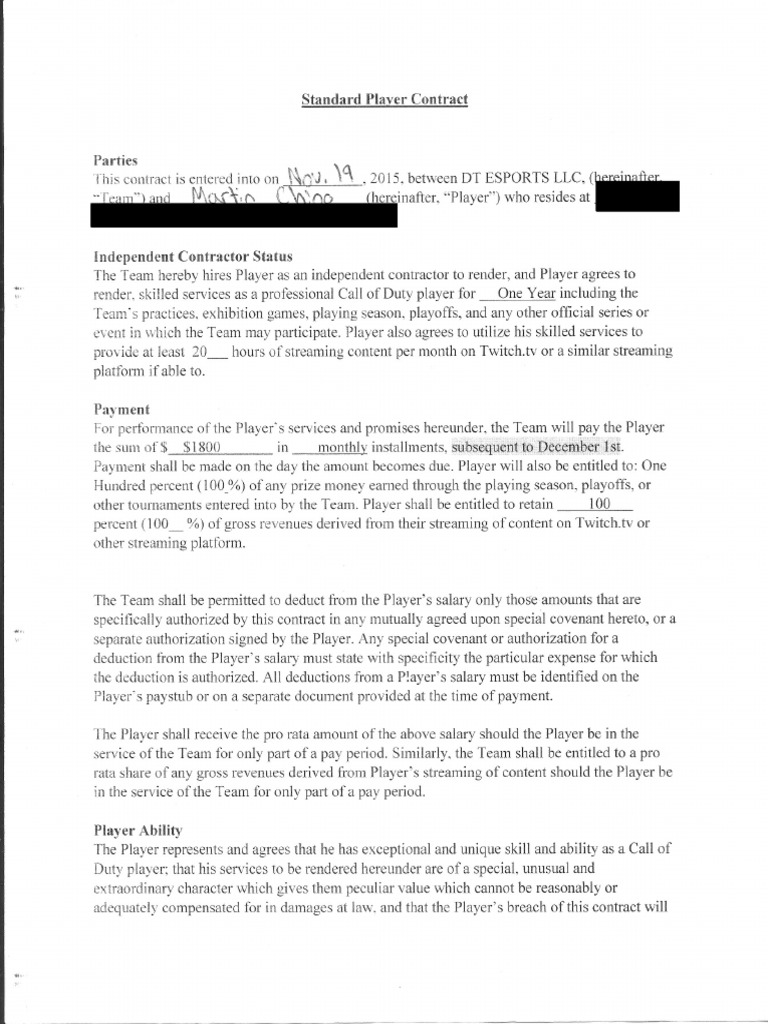 Dream Team Esports & Martin "Chino" Chino - Player Contract | PDF