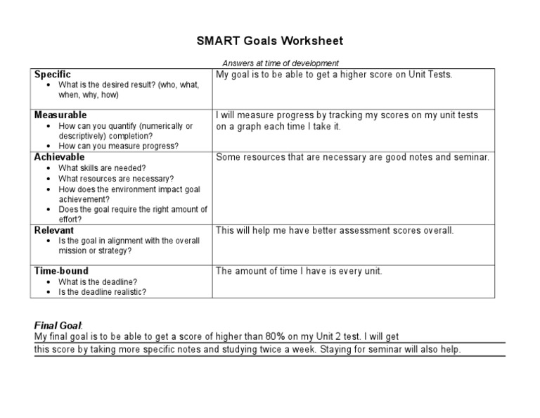 Smart Goals Worksheet | PDF
