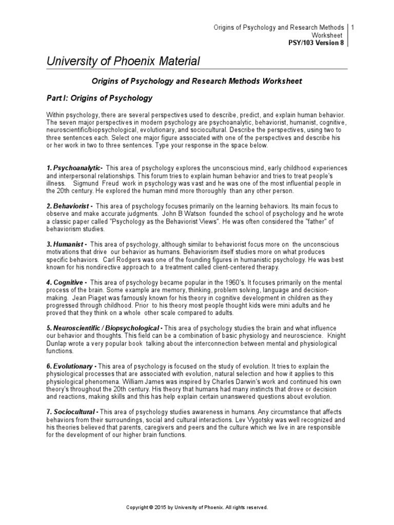 Origins of Psychology and Research Methods Worksheet | PDF ...